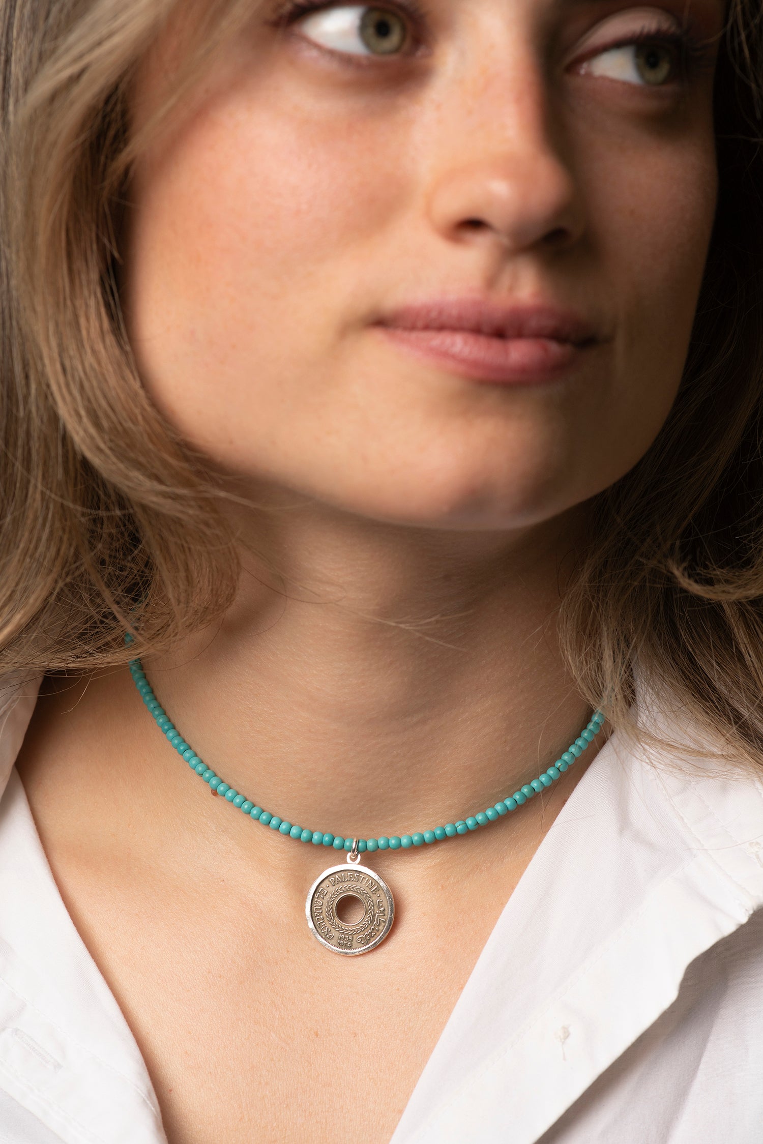 Palestinian coin 5 mil silver simple frame necklace with turquoise sto
