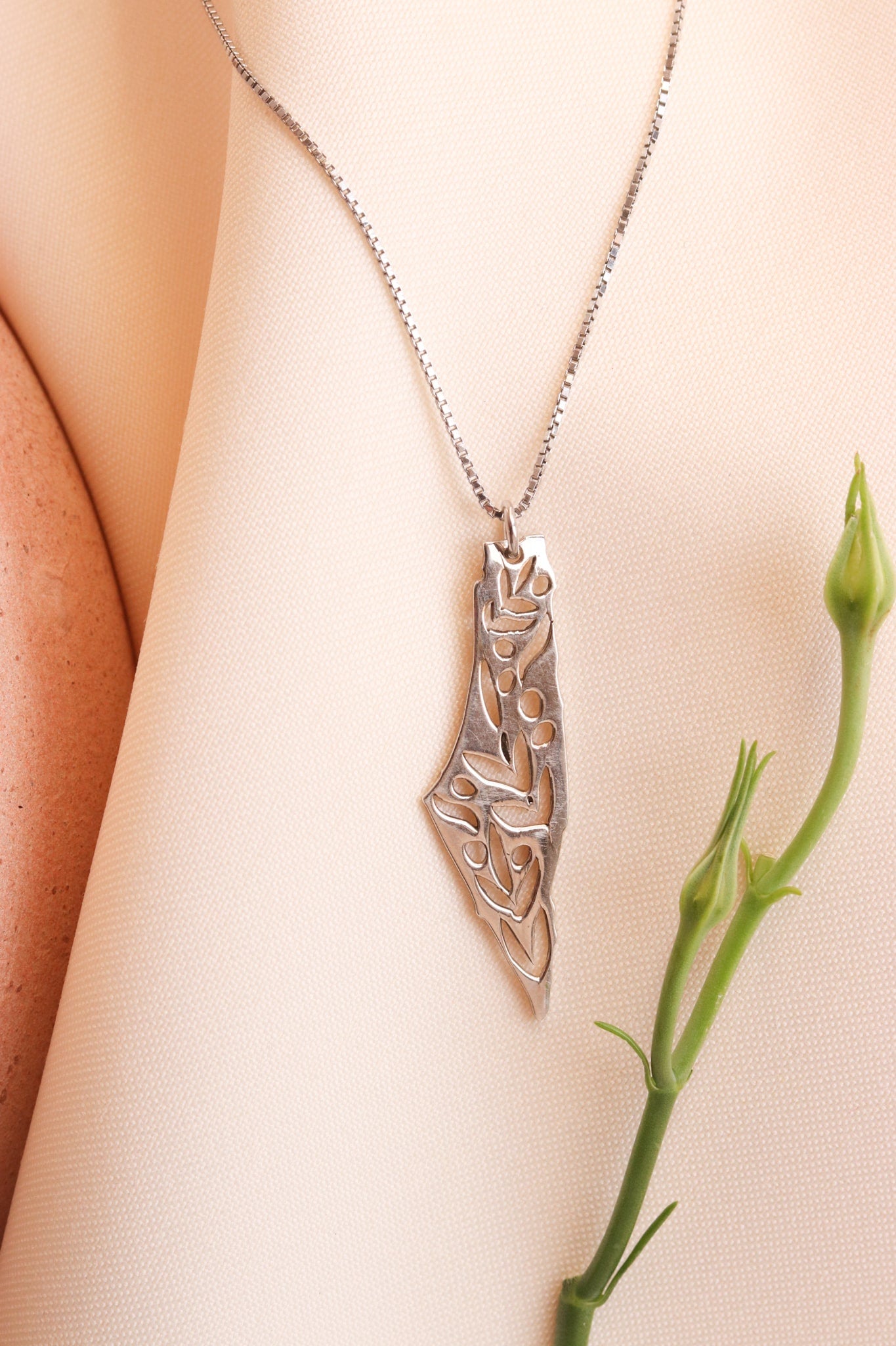 Palestine map with olive leaves pattern engraved inside