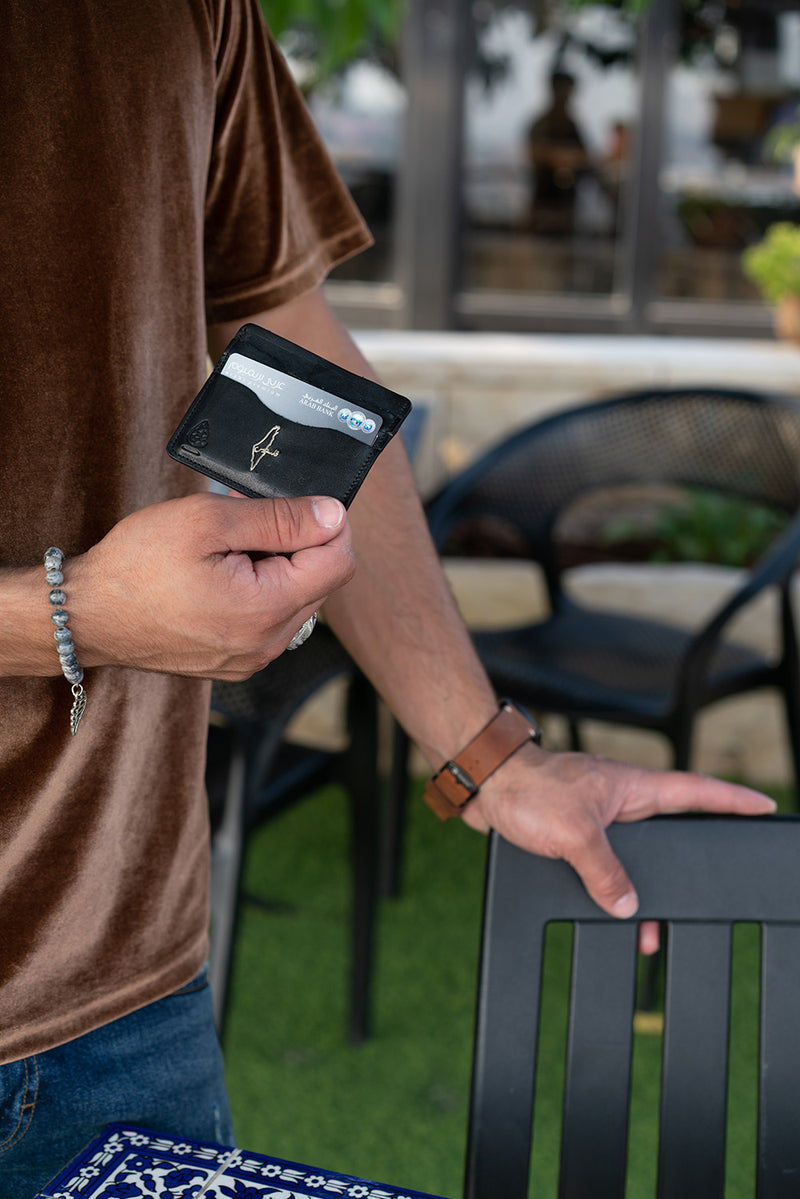 Palestinian map with horizontal Palestine Arabic word leather wallet